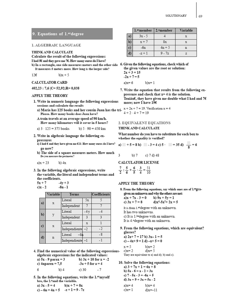 TOPIC-9-First-degree Equations | PDF | Equations | Variable (Mathematics)