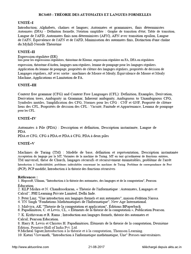 Aktu Syllabus Btech rcs403 Théorie Des Automates Et Langages Formels ...
