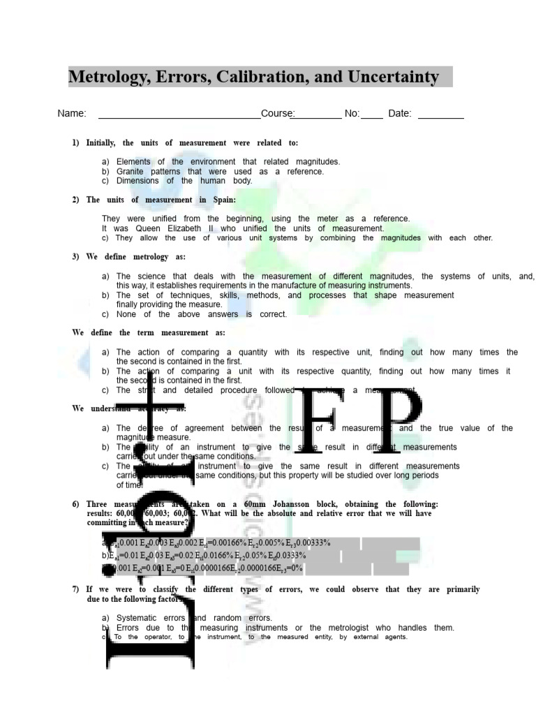 EXAM Metrology Errors Calibration and Uncertainty Exam LIBROSFP - Es ...