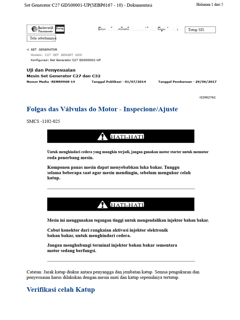 Penyesuaian Celah Katup Set Generator C27 | PDF