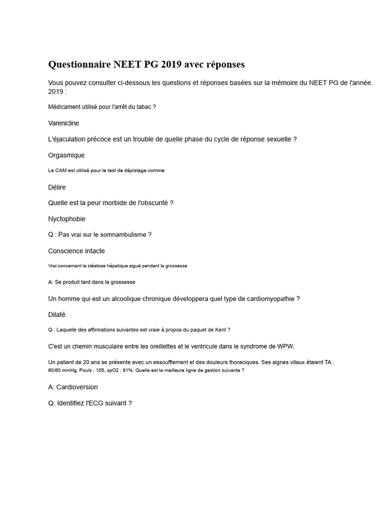 Questionnaire NEET PG 2019 : Questions et Réponses | PDF | Spécialités ...