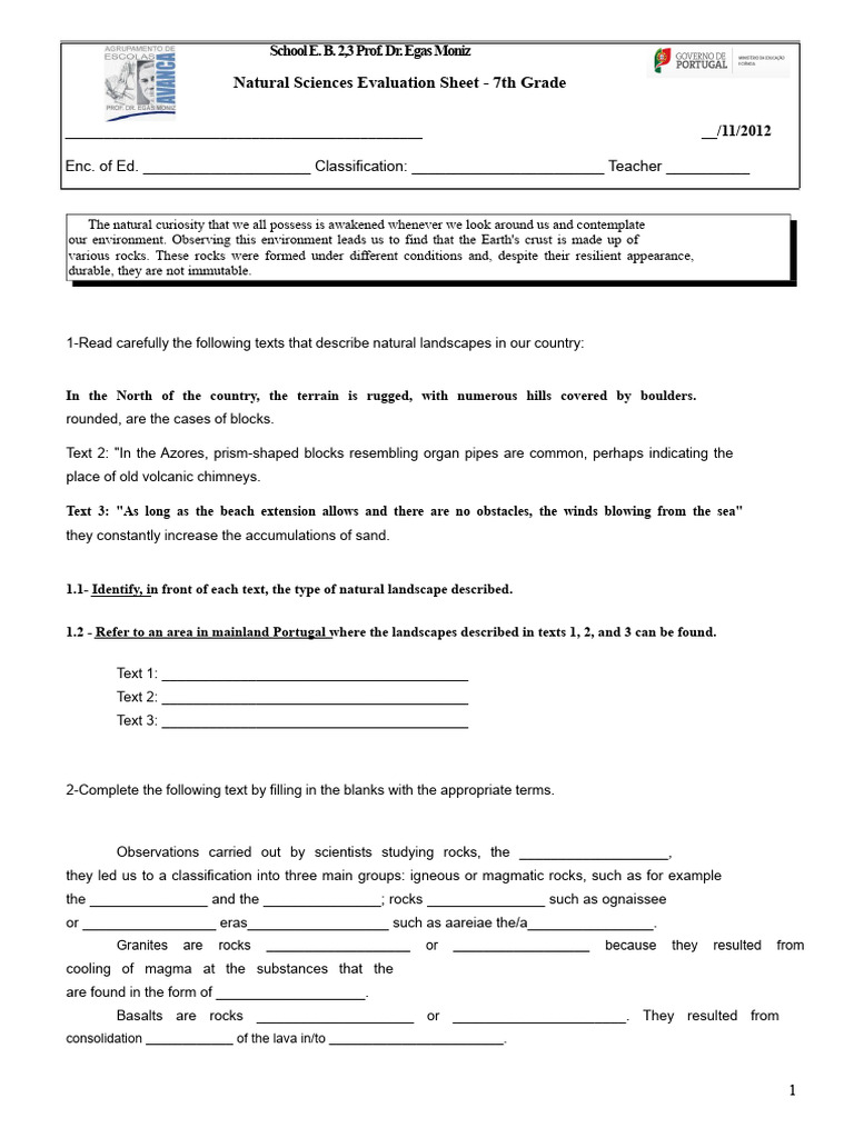7th Grade Natural Sciences Evaluation | PDF | Rock (Geology ...