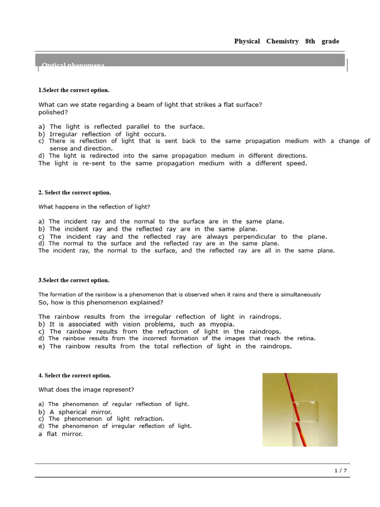 Physics and Chemistry Tests 8th Grade Sound and Light | PDF ...