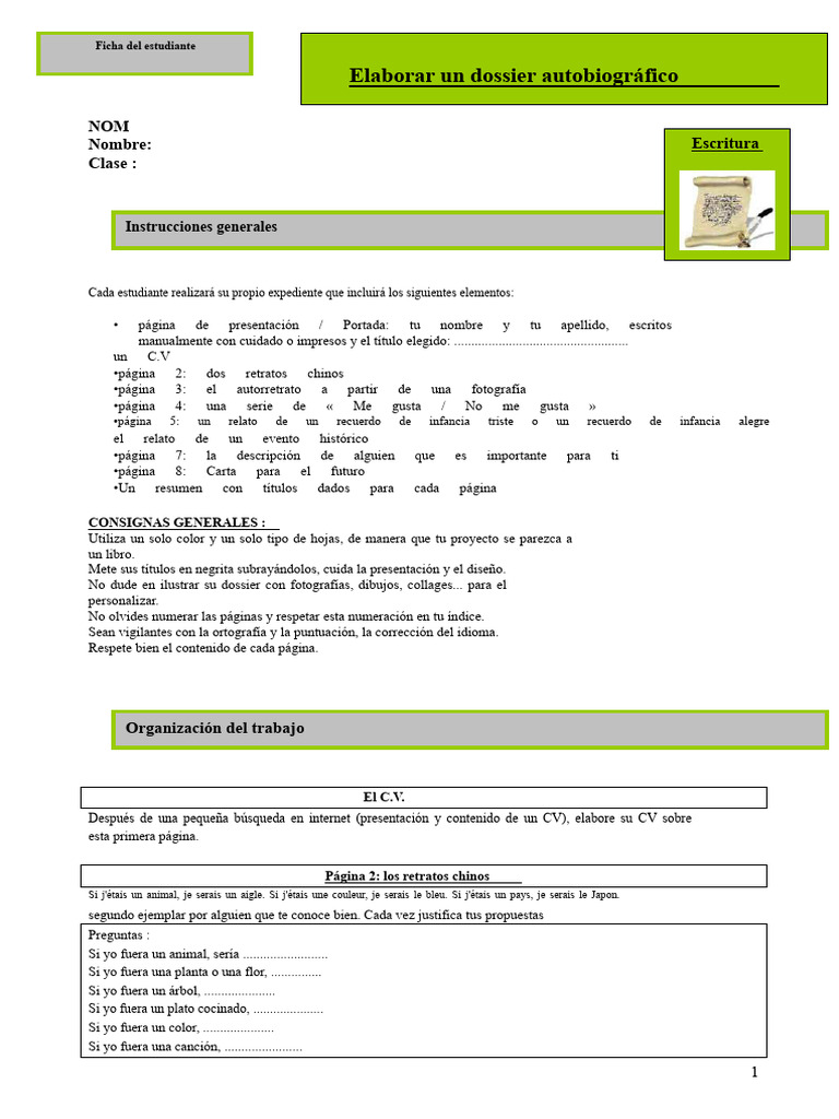 Elaborar Un Dossier Autobiográfico: NOM Nombre: Clase: Escritura | PDF
