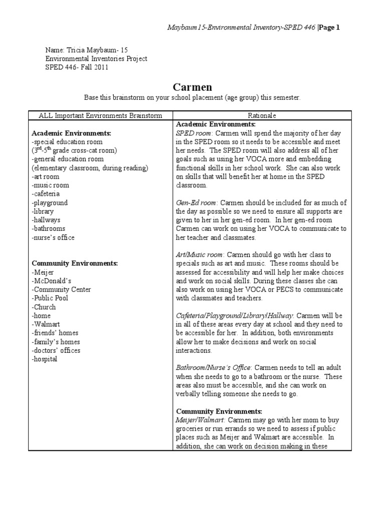 Environmental Inventories | PDF | Classroom | Special Education