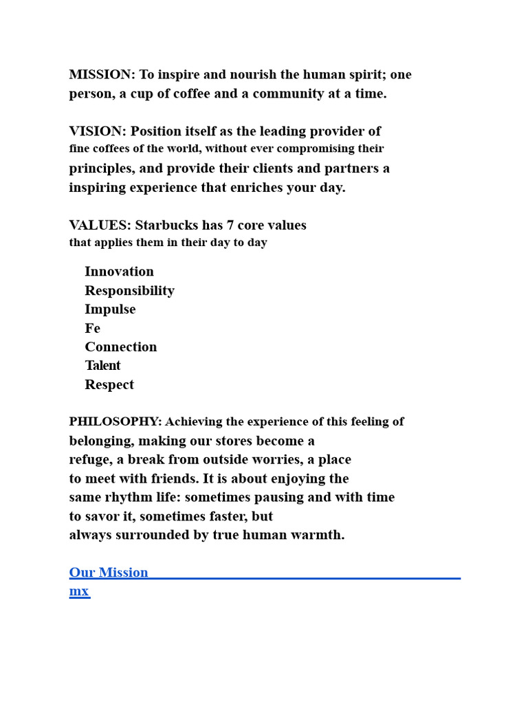 Mission Vision Values Philosophy and Organizational Chart of Starbucks ...