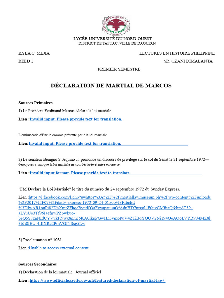 Loi Martiale de Marcos : Déclaration et Impact | PDF