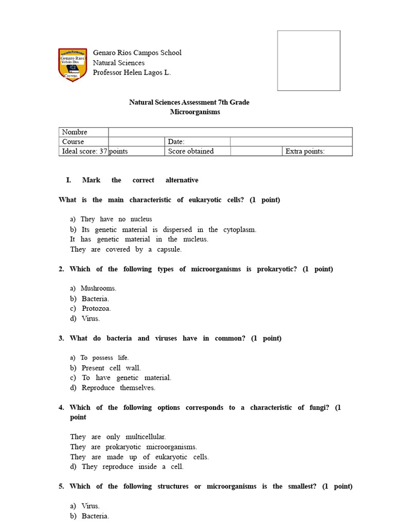 7th Grade Microorganisms Assessment | PDF | Cell (Biology) | Bacteria