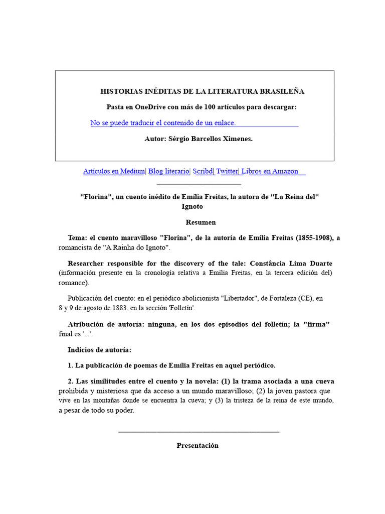 Florina, Un Cuento Inédito de Emília Freitas (1883) | PDF | Cuentos