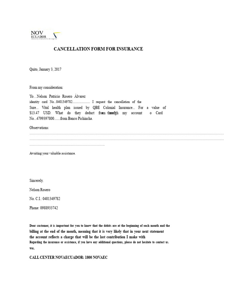 Insurance Cancellation Form | PDF
