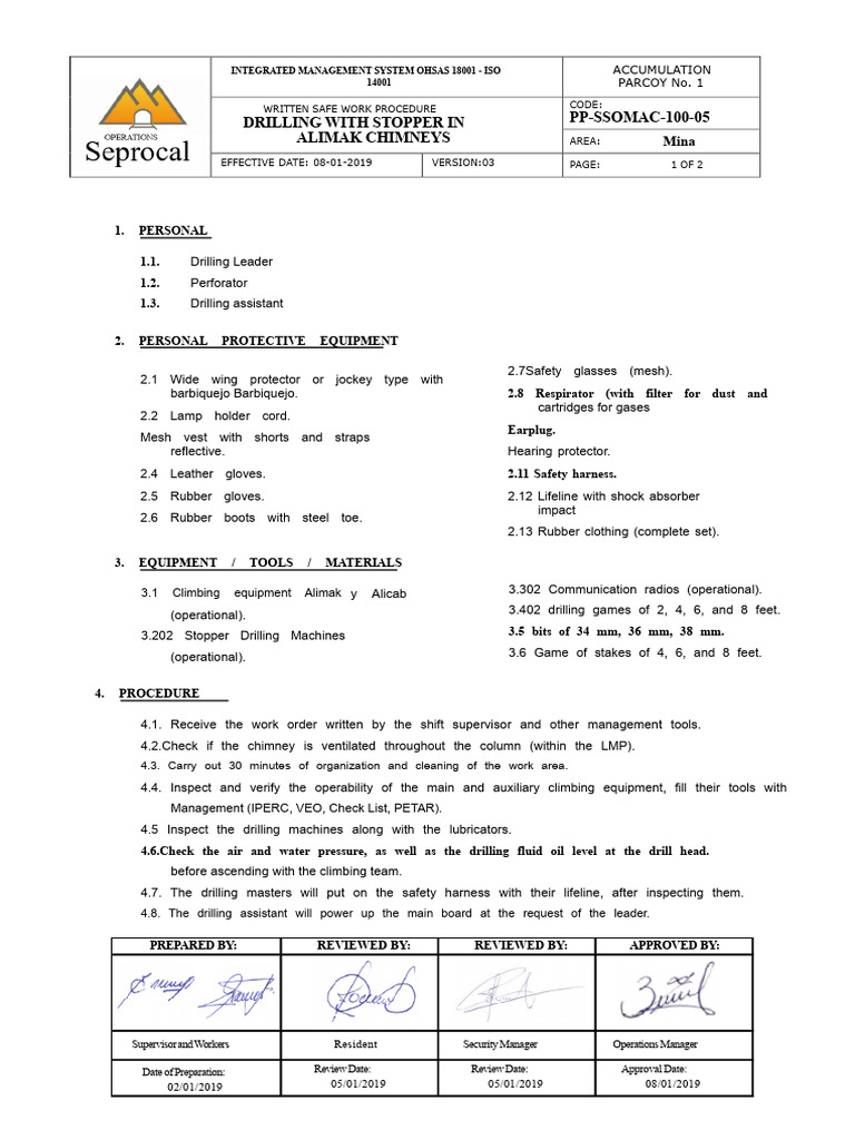 Safe Work Procedure for Alimak Drilling | PDF | Safety | Equipment