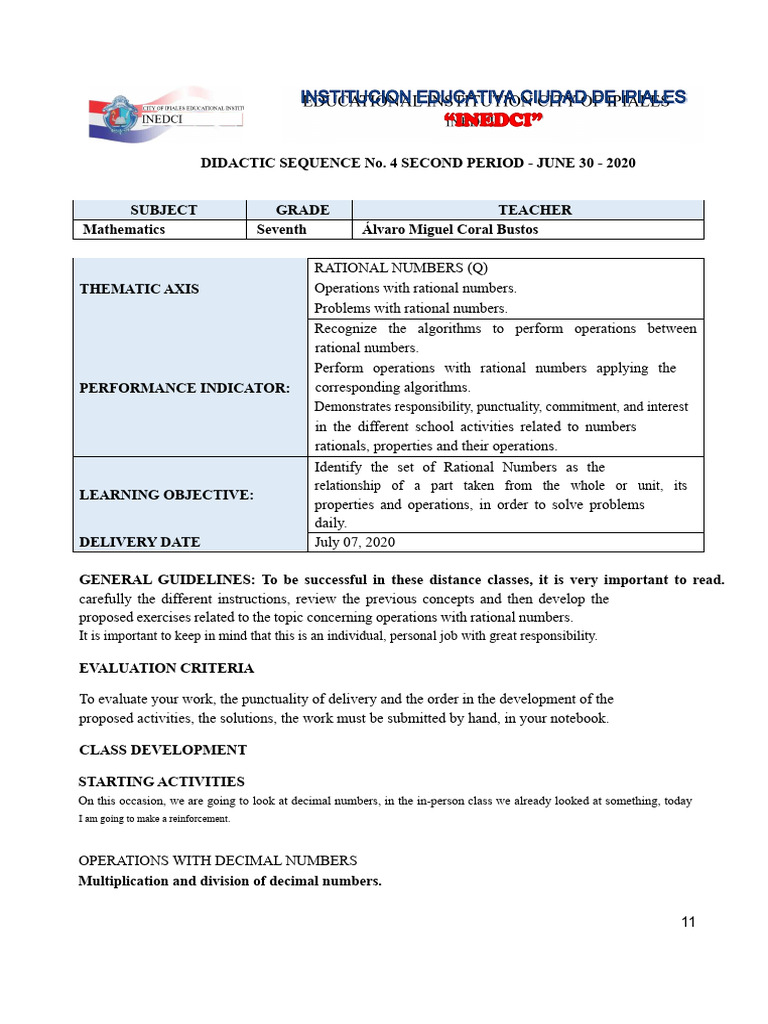 Didactic Sequence No. 4, Seventh. | PDF | Division (Mathematics ...