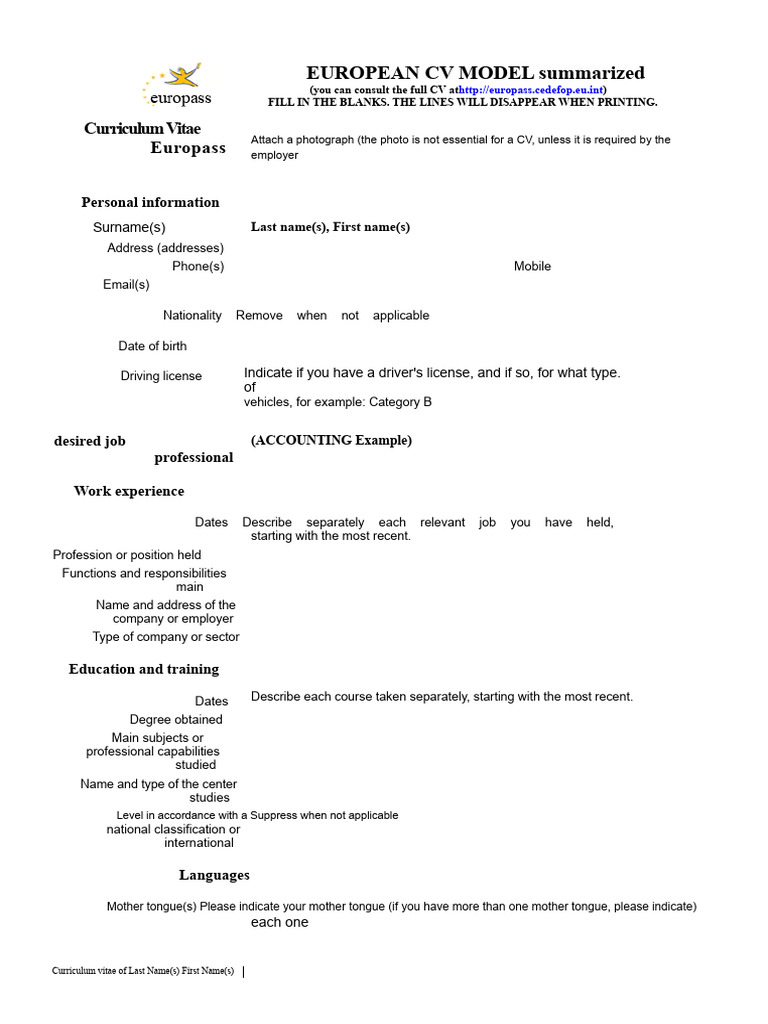 Europass Curriculum Model - Empty | PDF | Information | Curriculum