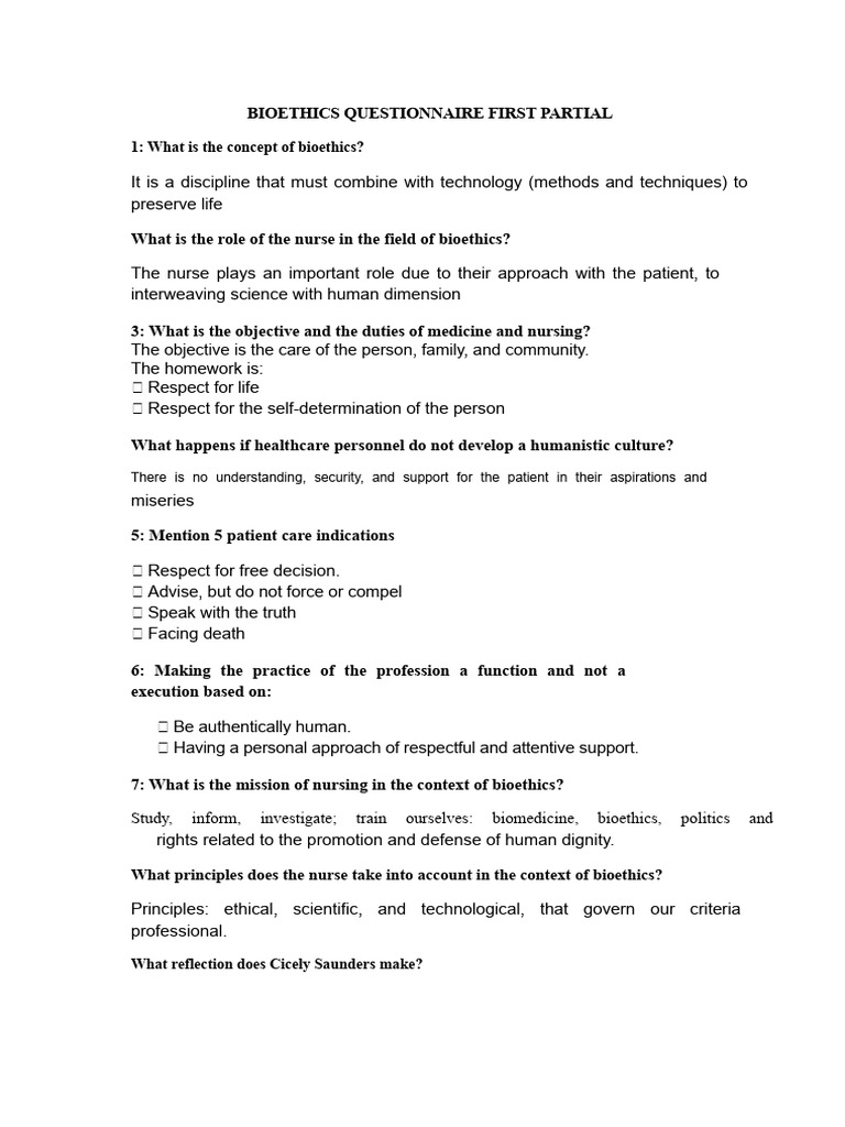 Bioethics Questionnaire First Partial Approved | PDF | Bioethics | Nursing