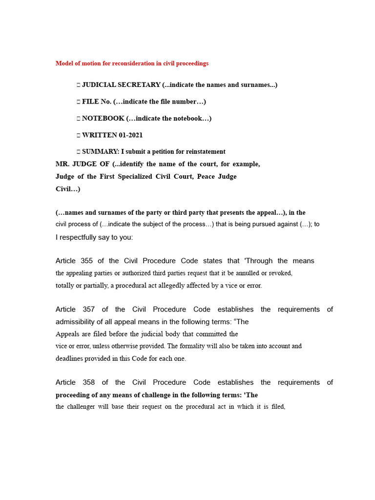 Model of A Motion For Reconsideration in Civil Proceedings | PDF | Appeal | Political Law