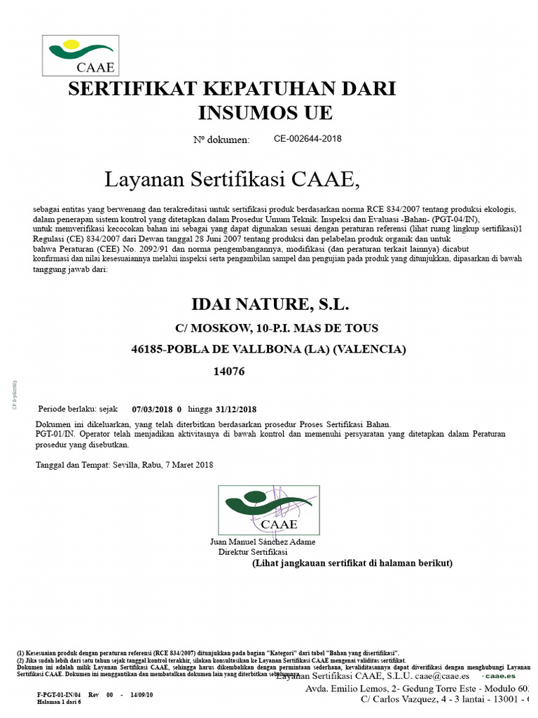 Idai Pupuk Sertifikat Caae Ue 07-03-2018 | PDF