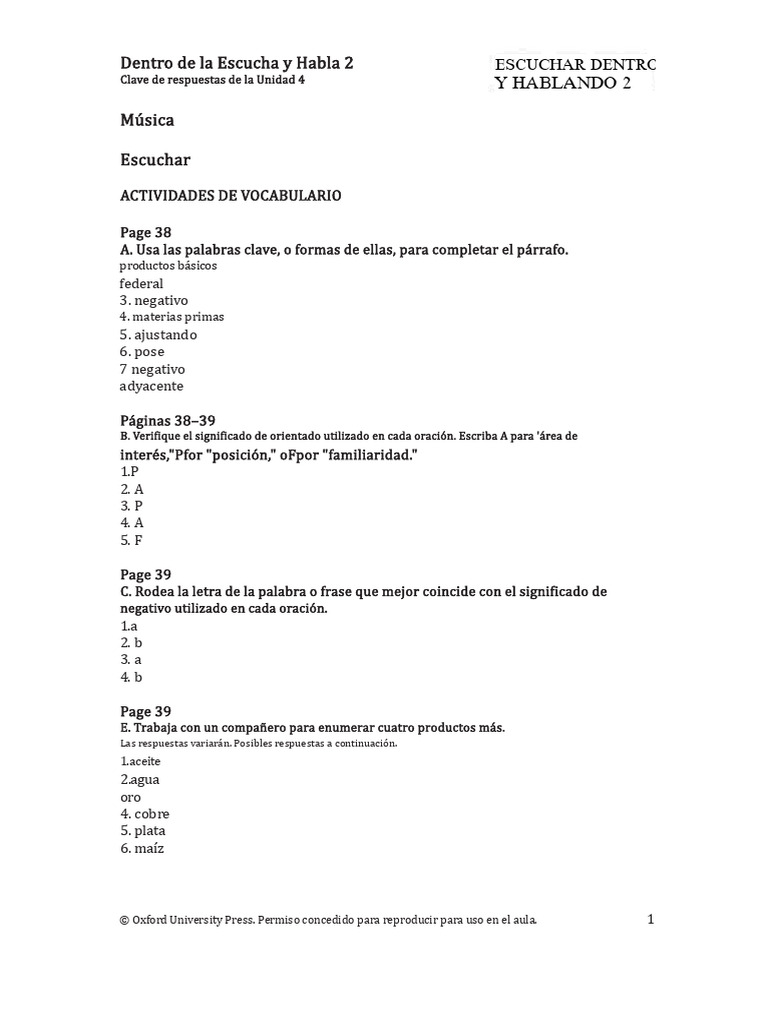 Clave de Respuestas Unidad 4: Escucha y Habla | PDF