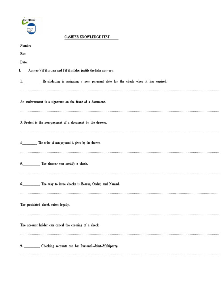 Cashier Knowledge Test for Banking Skills | PDF