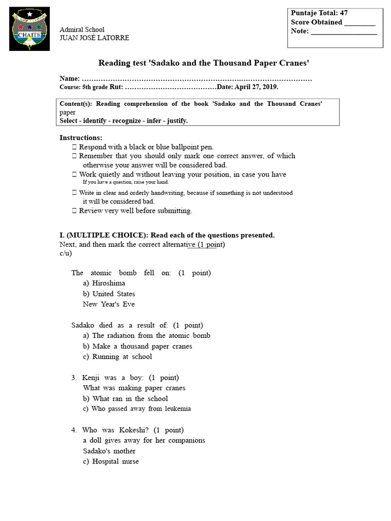Sadako and the Cranes Reading Test | PDF | Multiple Choice | Reading ...