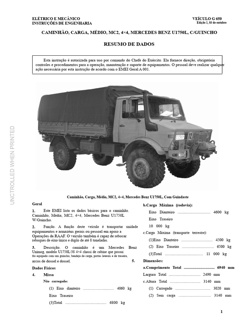 Resumo de Dados G650 Unimog UL1750 RAAF 0 | PDF | Eixo | Motores