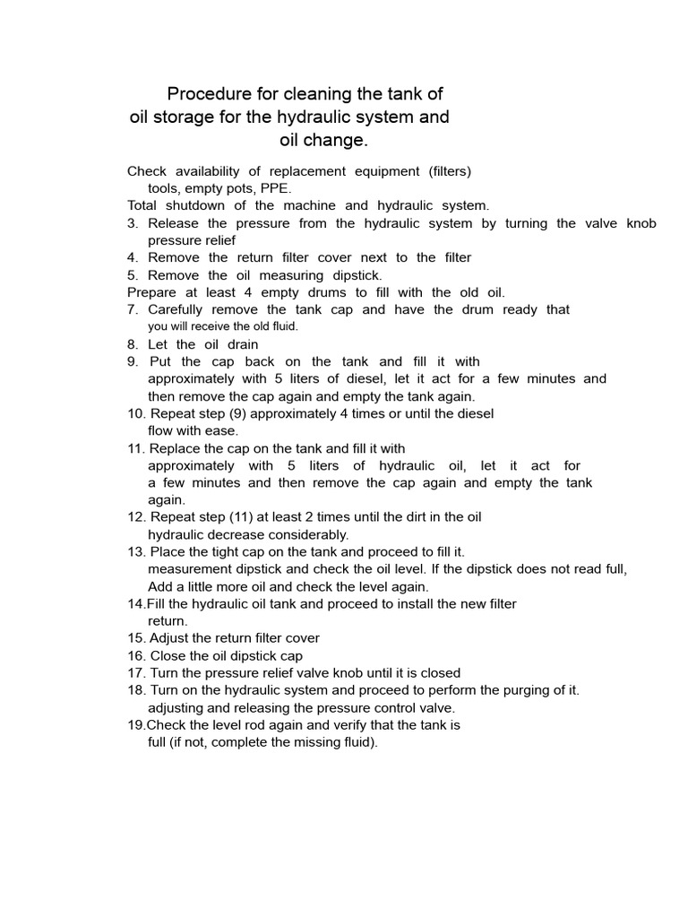 Procedure For Cleaning The Oil Storage Tank For The Hydraulic System ...
