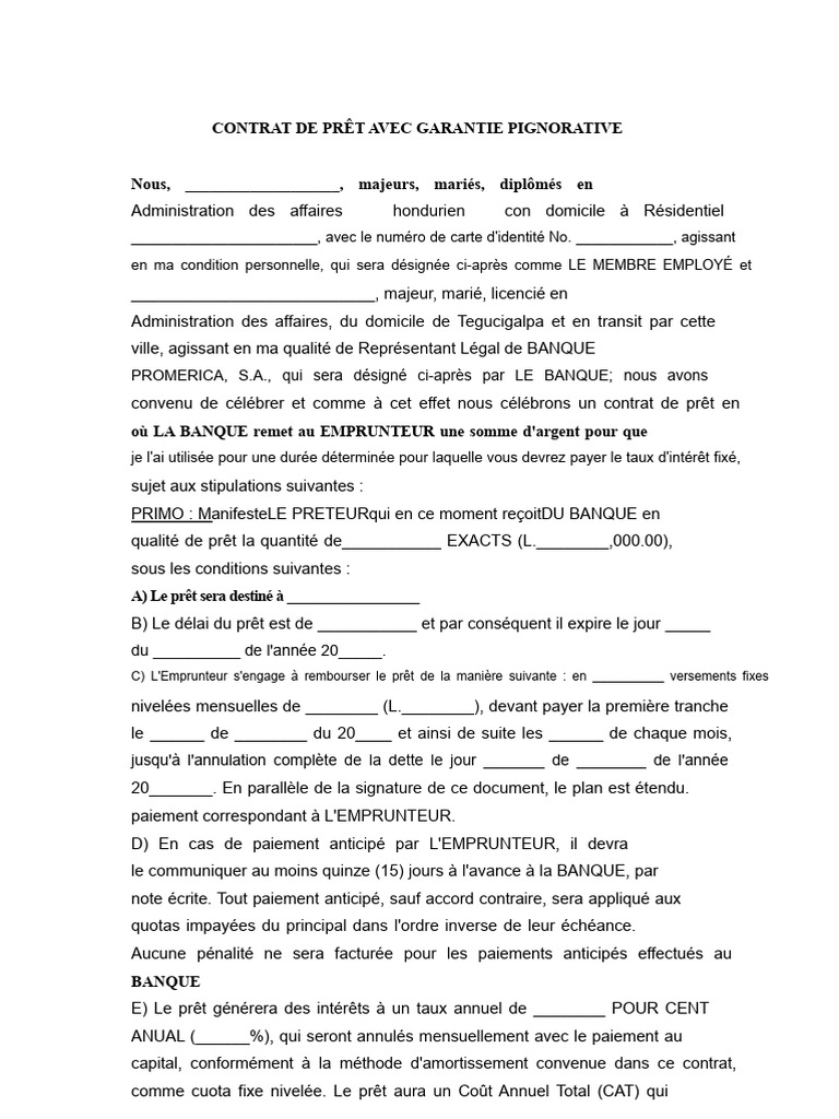 Contrat de Prêt avec Garantie Pignoratived | PDF | Prêts | Crédit
