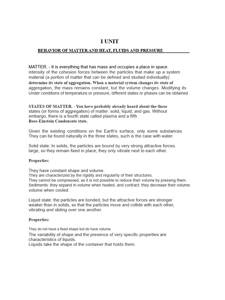 Unit 1 (Theory) BEHAVIOR OF MATTER AND HEAT, FLUIDS AND PRESSURE | PDF ...