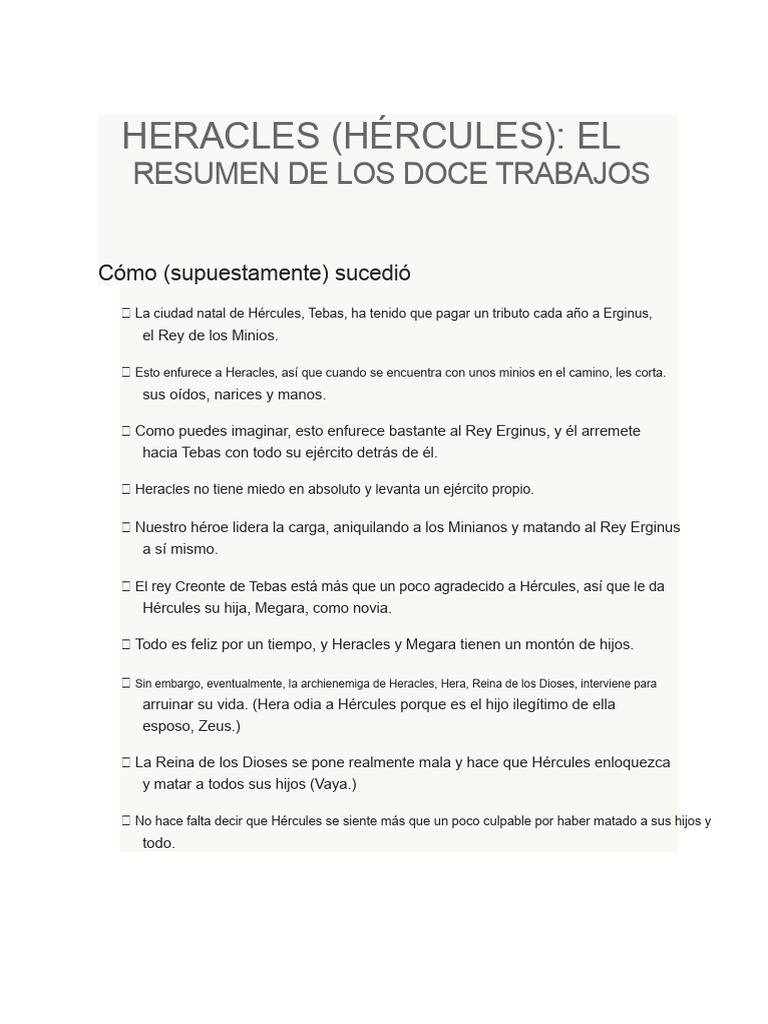 Resumen de los 12 trabajos de Hércules | PDF | infierno | Mitología griega