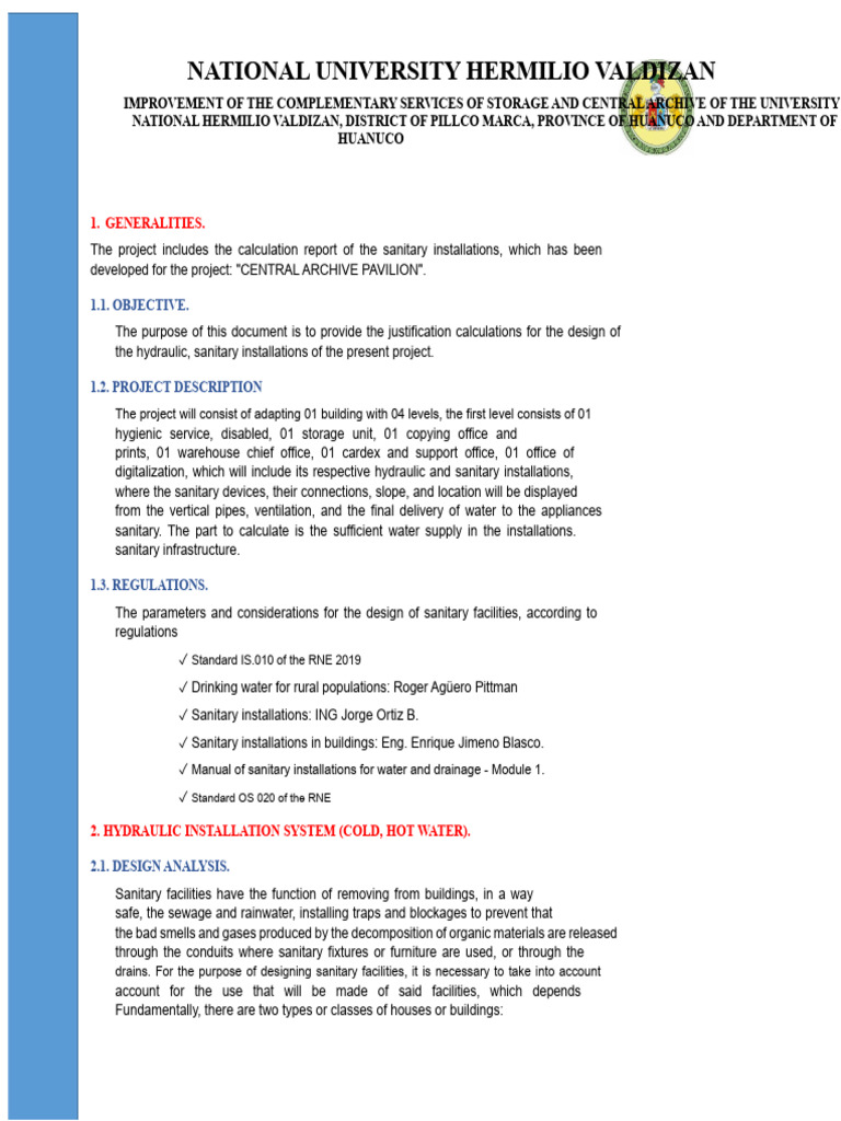Central Archive Sanitary Design Report | PDF | Water Heating | Water