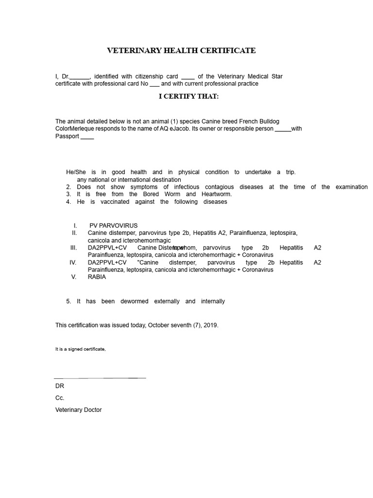 Veterinary Health Certificate for Travel | PDF