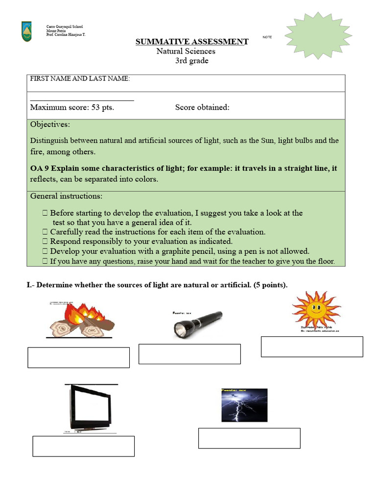 3rd Grade Natural Sciences Assessment | PDF | Light | Rainbow