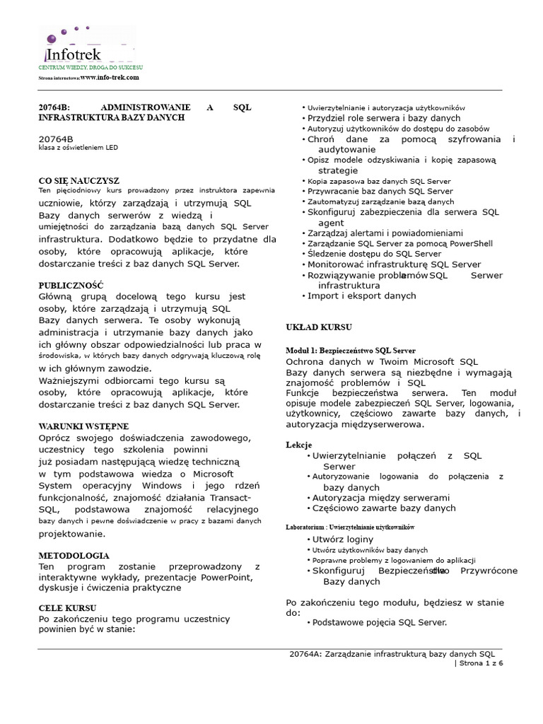 20764B Zarządzanie Infrastrukturą Bazy Danych SQL | PDF