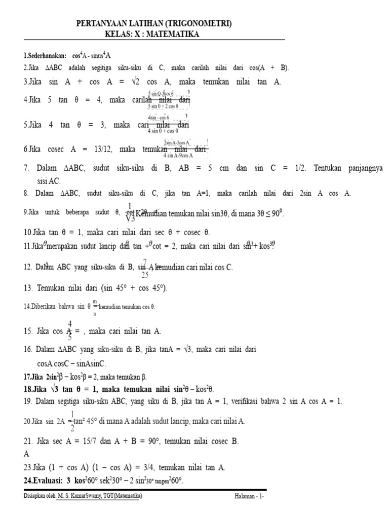 Soal Latihan Trigonometri Kelas X | PDF