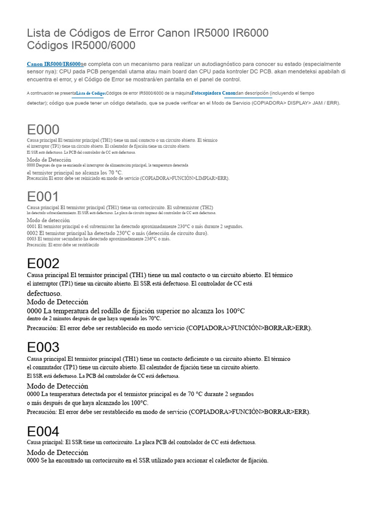 Códigos de Error Canon IR5000/6000 | PDF | Placa de circuito impreso ...