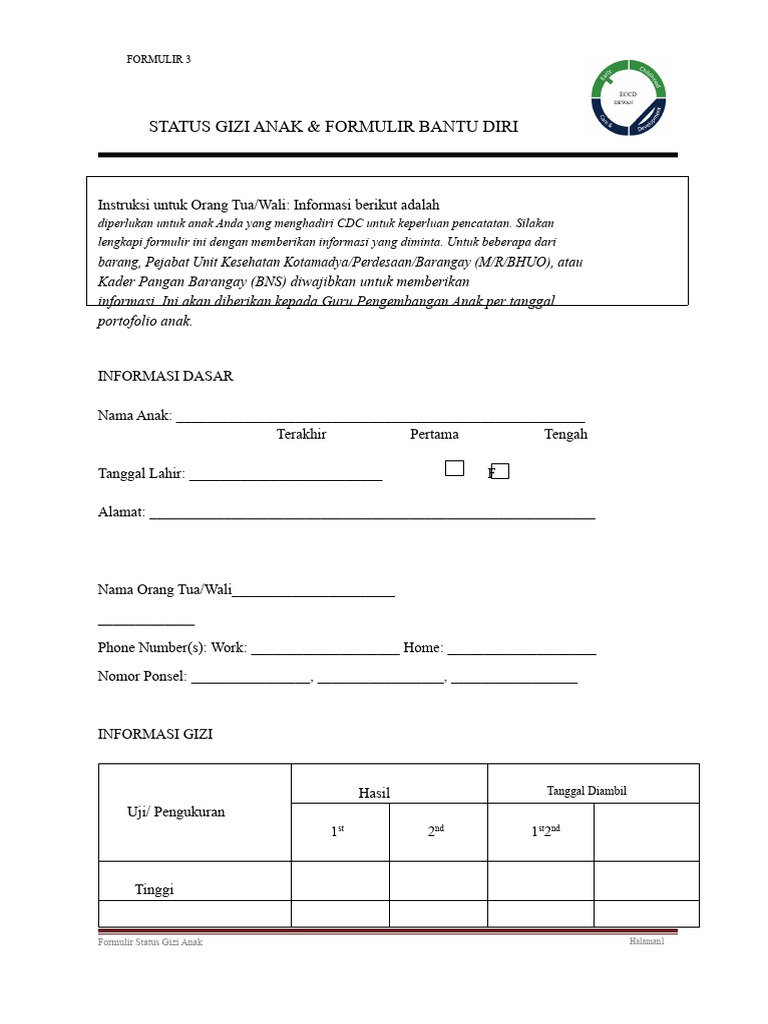 Formulir Status Nutrisi Anak NCDC-3 Panjang | PDF