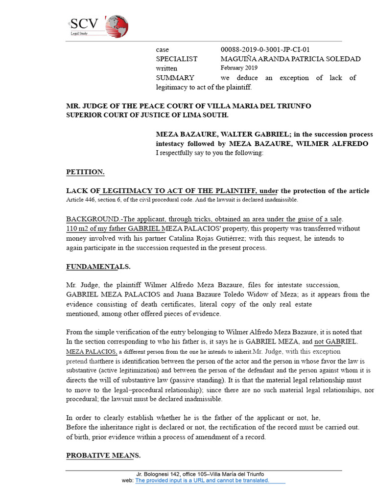 Exception of Lack of Legitimacy To Act of The Plaintiff Meza Bazaure ...