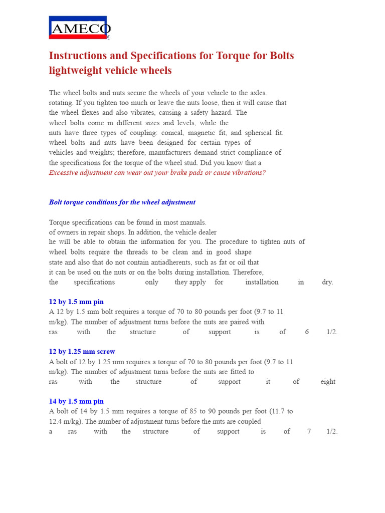 Wheel Bolt Torque Specifications Guide | PDF | Nut (Hardware) | Wheel