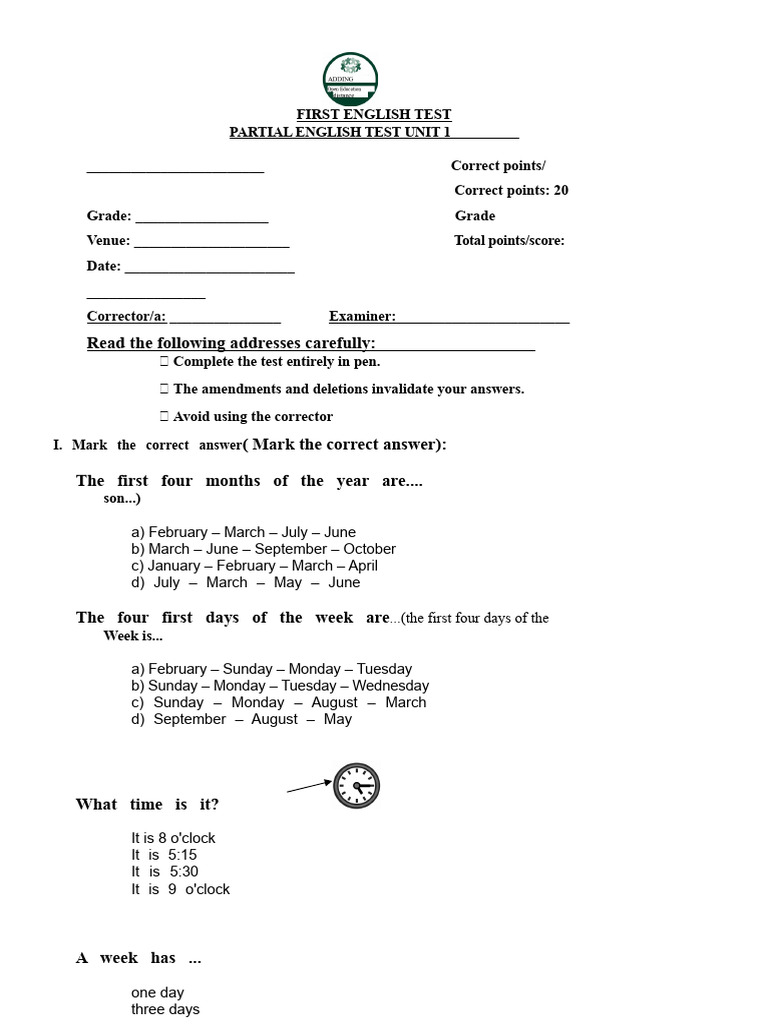 First English Test: Unit 1 Assessment | PDF