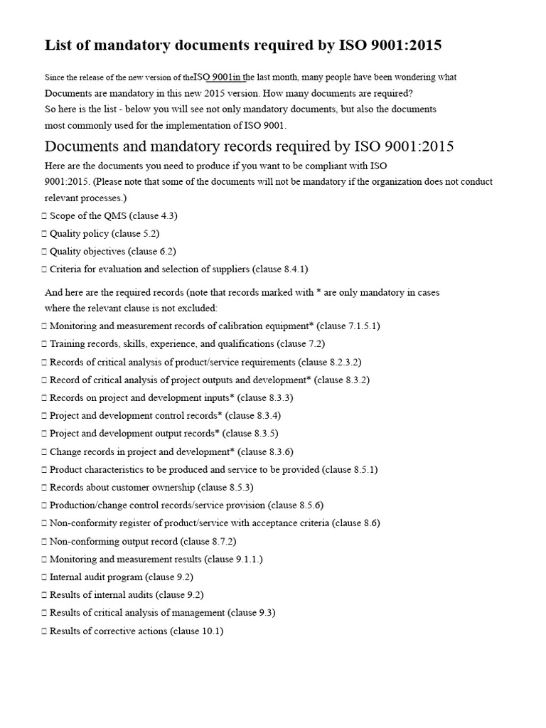 ISO 9001:2015 Mandatory Documents List | PDF | Quality Management ...