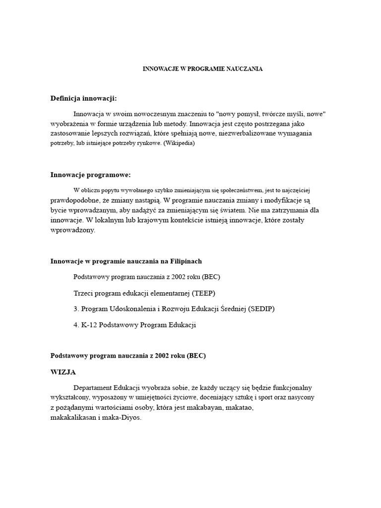 Innowacje w programie nauczania | PDF