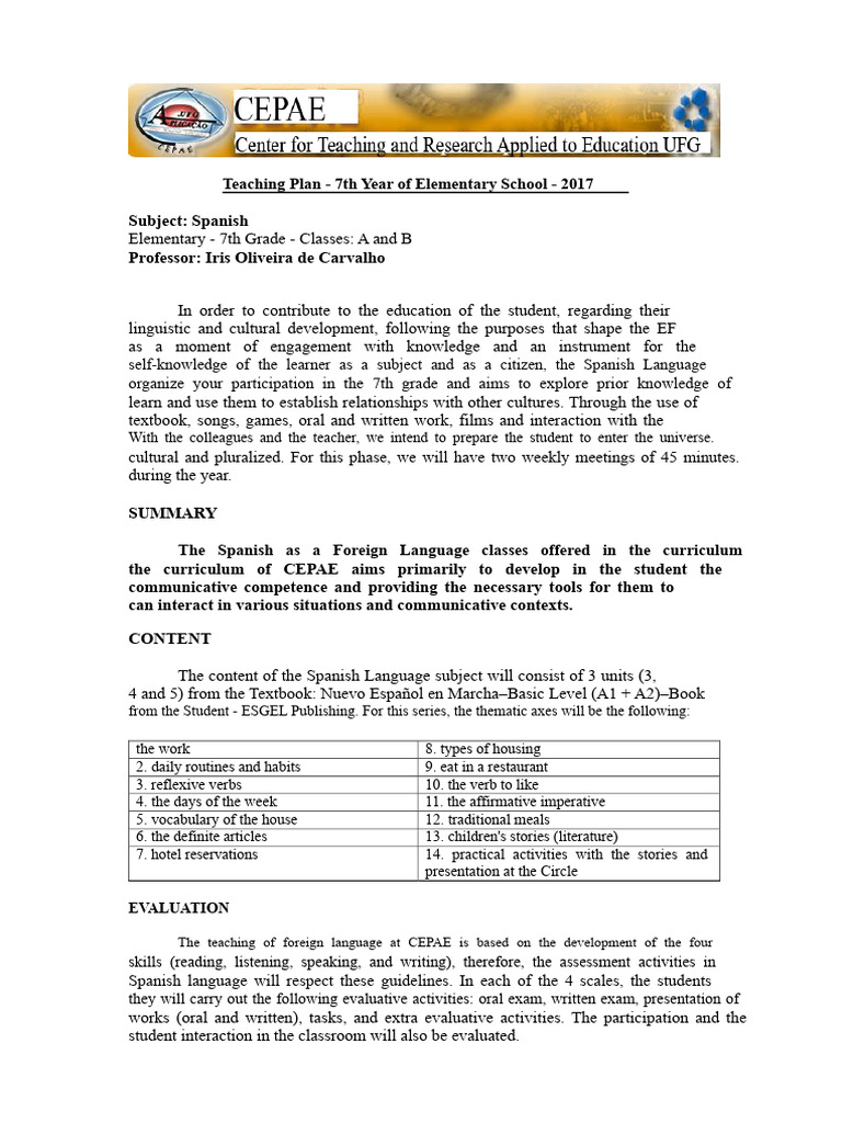 Teaching Plan 2017 - Spanish - 7th Grade - Prof. Iris | PDF ...