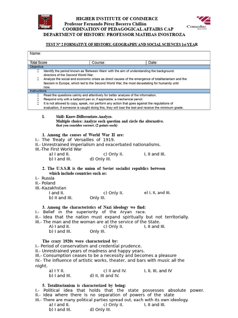 History Test: Causes of WWII | PDF | Multiple Choice | Economies