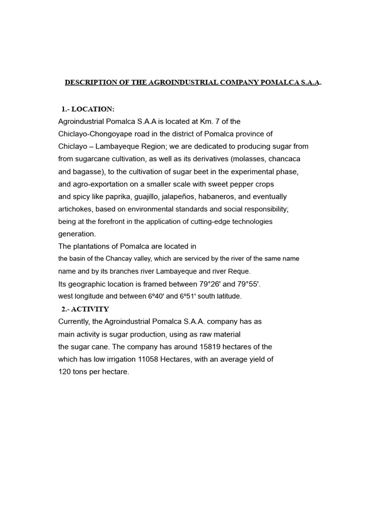 Description of The Agroindustrial Company Pomalca S.A.A. | PDF ...