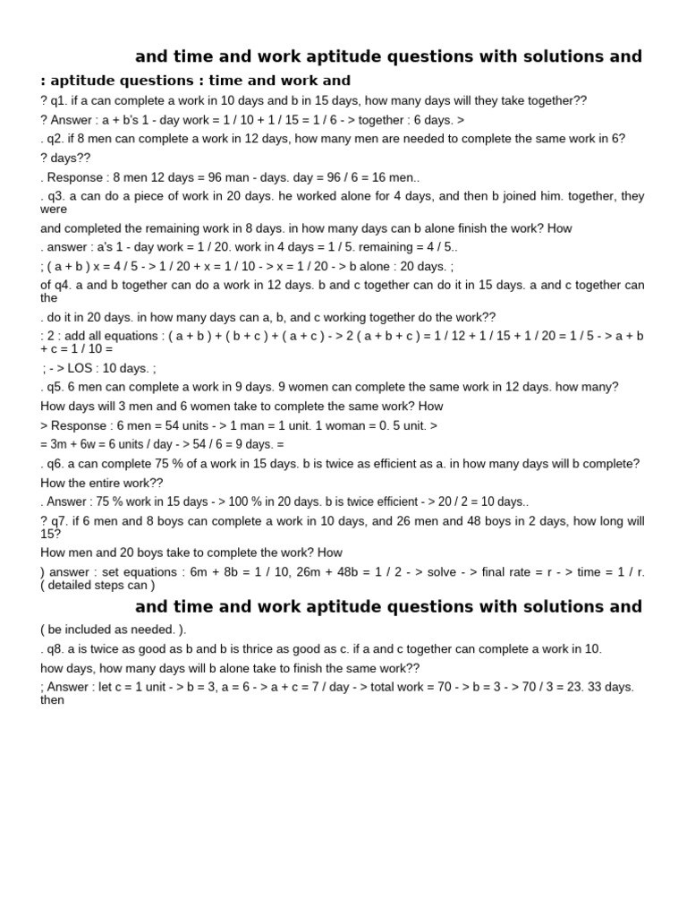 Time and Work Aptitude Questions | PDF