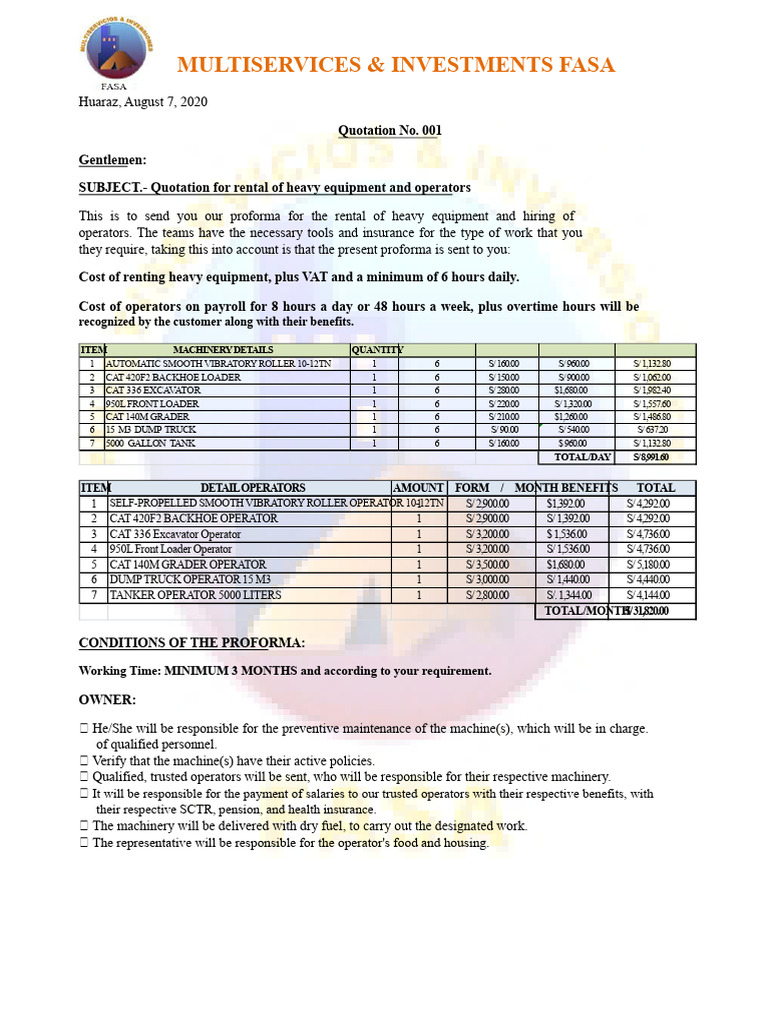 Quotation for rental of heavy equipment and operators.pdf | PDF | Heavy Equipment | Loader ...