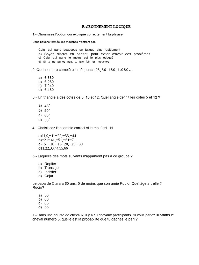 Questions de raisonnement logique et mathématique | PDF | Mathématiques