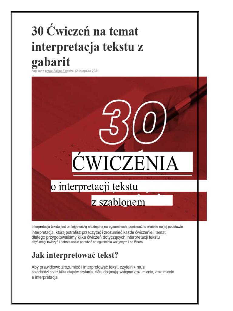 30 Ćwiczeń Z Interpretacji Tekstu Z Kluczem Odpowiedzi | PDF