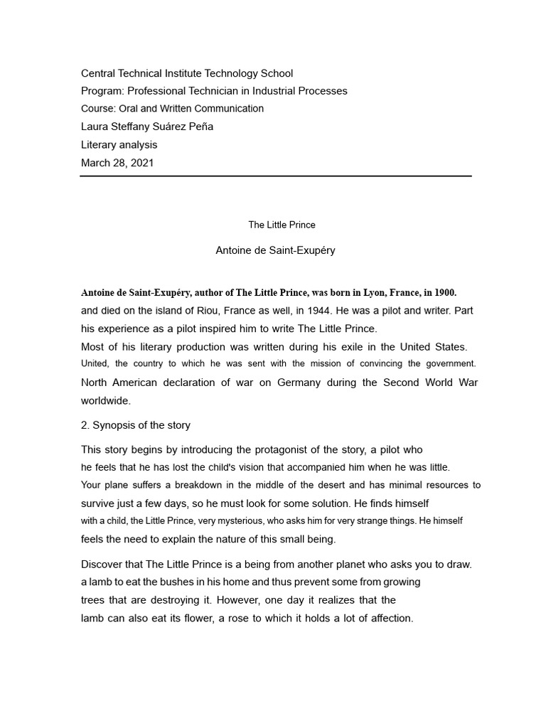 Literary Analysis of The Little Prince | PDF | The Little Prince