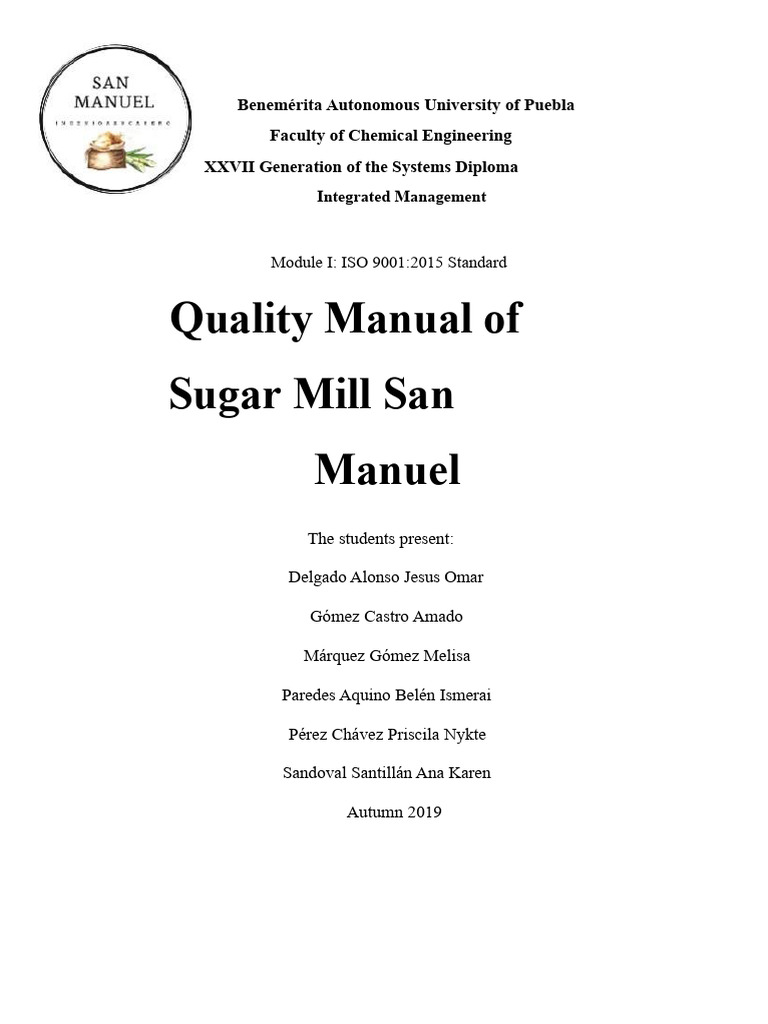 Quality Manual With Annexes San Manuel Sugar Mill PDF | PDF | Quality ...