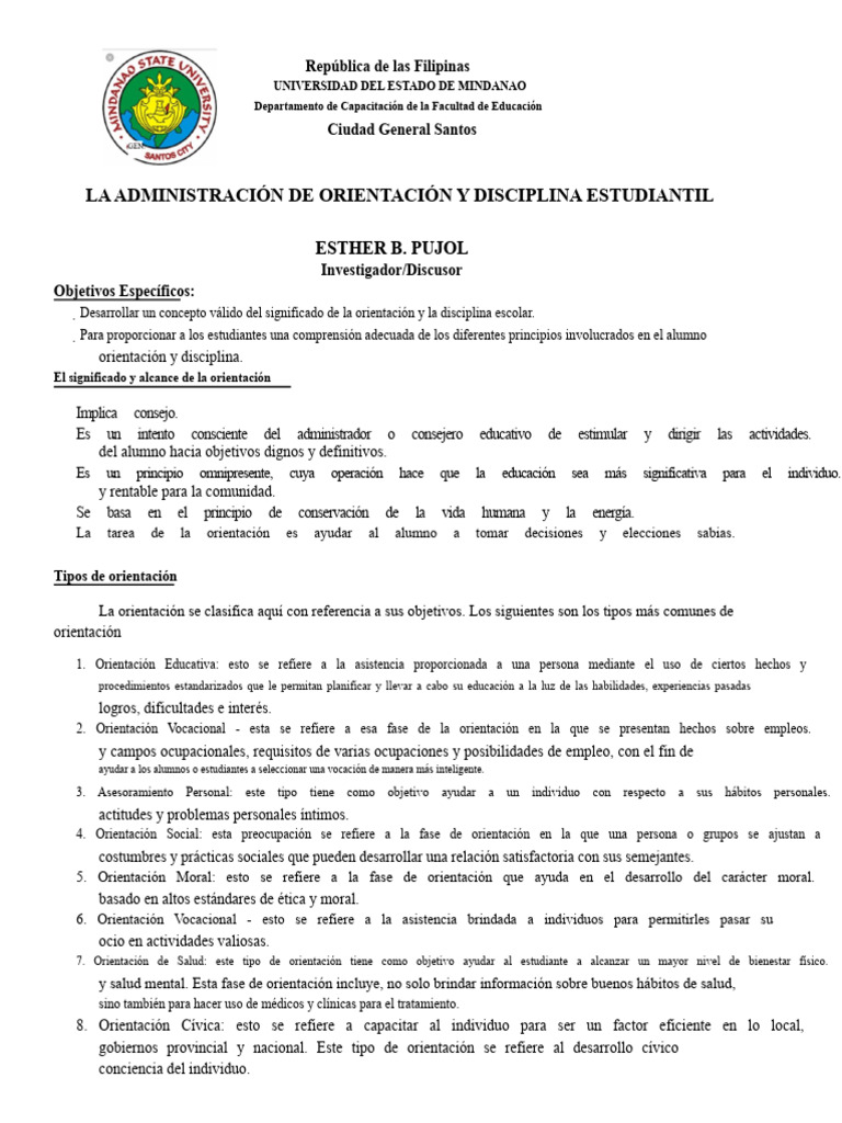Orientación y Disciplina Estudiantil | PDF | Disciplinas | Salón de clases